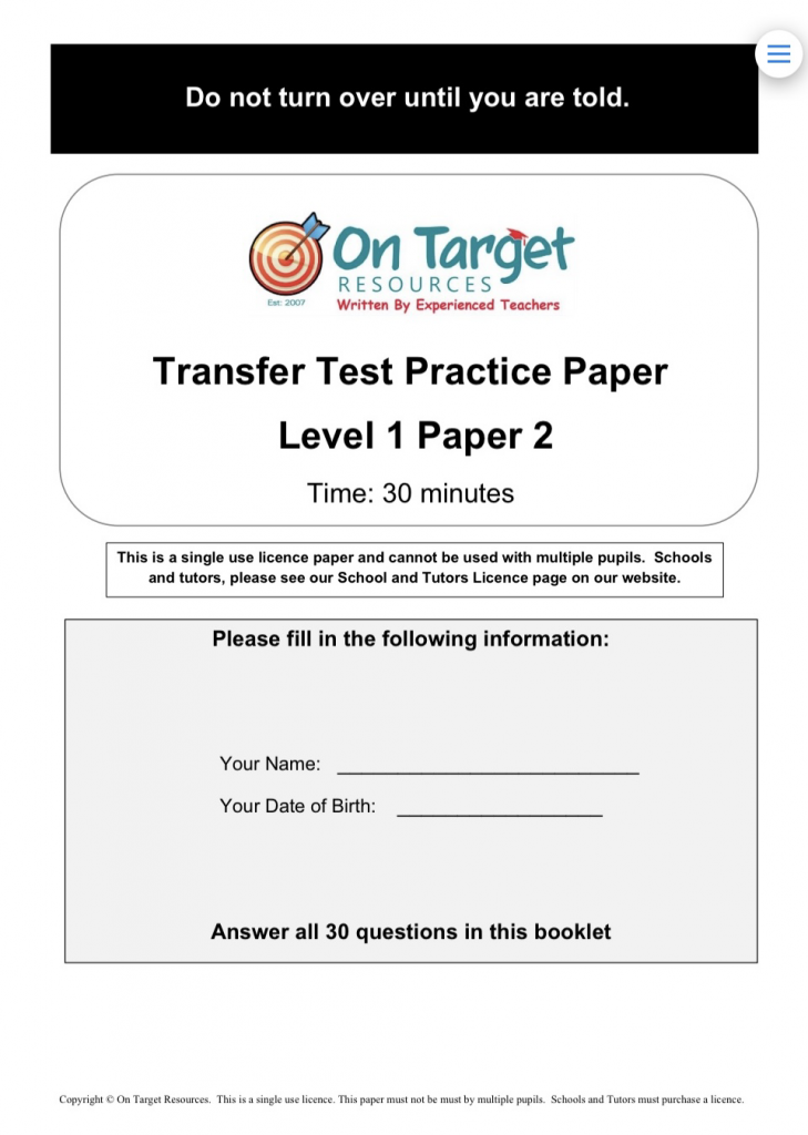 Transfer Test SEAG Style Practice Papers – Level 2 – On Target Resources